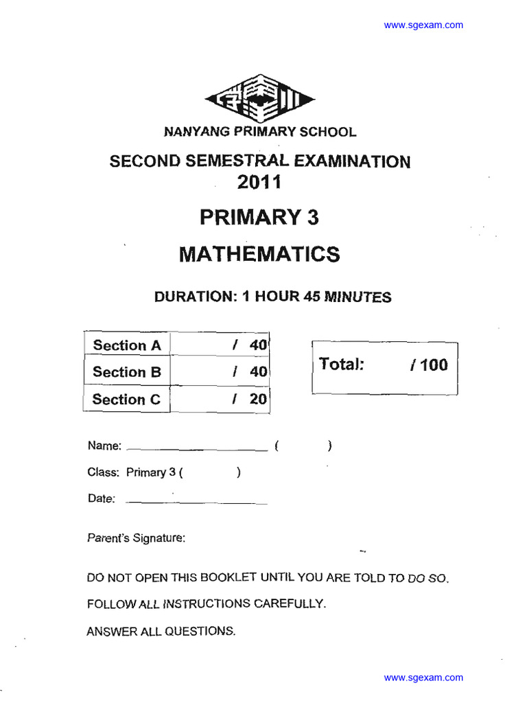 2011 P3 Maths SA2 Nanyang | PDF