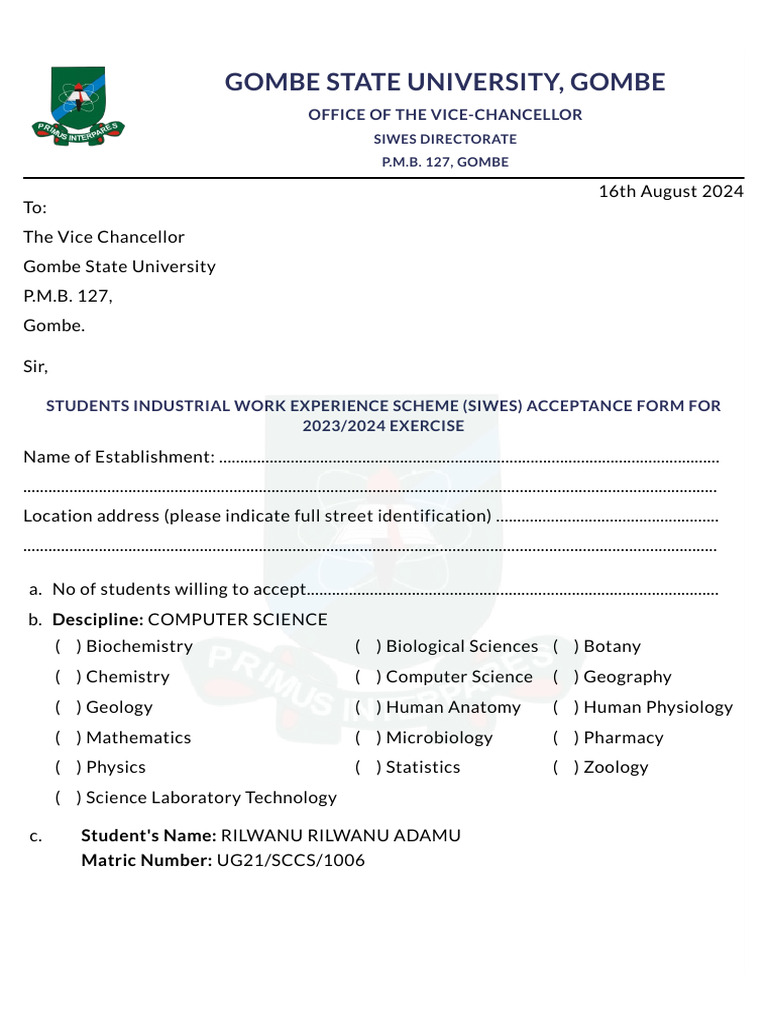 RILWANU RILWANU ADAMU SIWES Acceptance Slip | PDF | Observation | Science