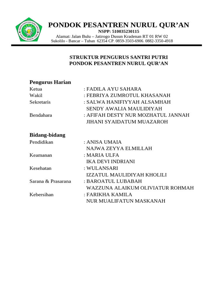 Struktur Pengurus Santri Putri | PDF
