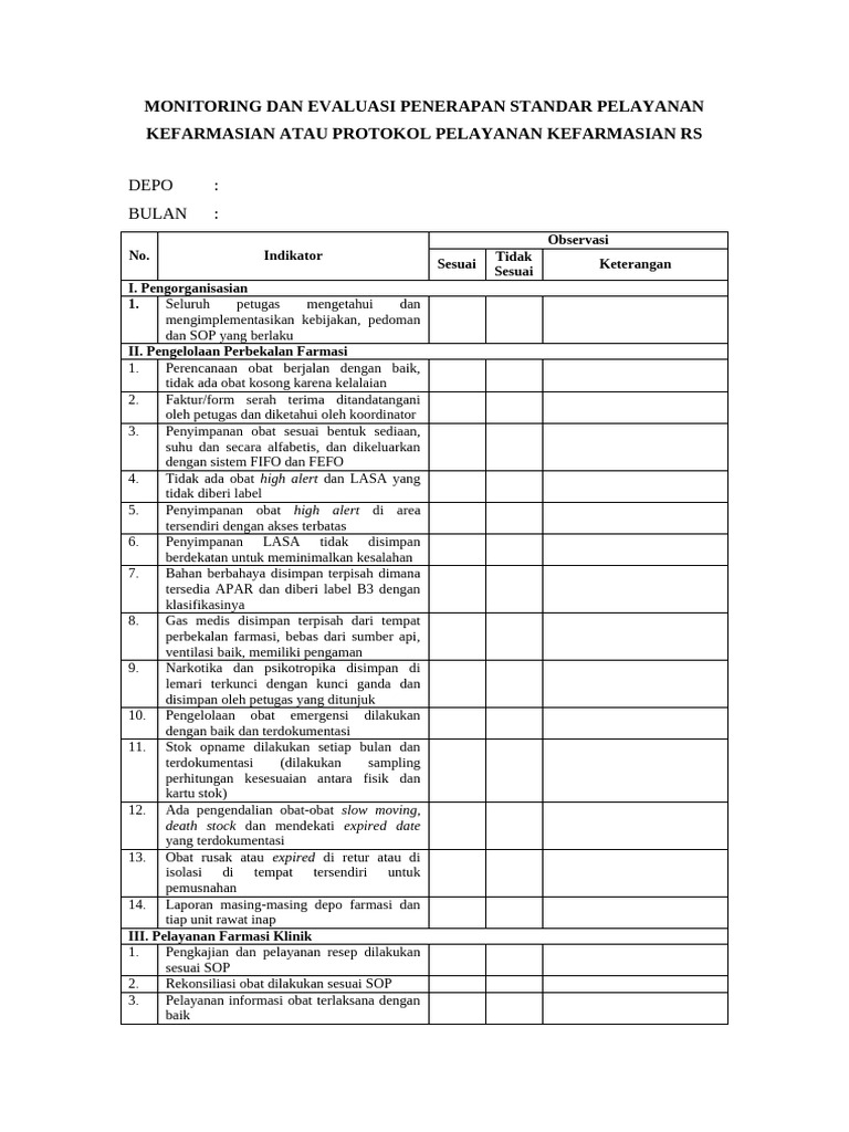 FORM MONITORING DAN EVALUASI PENERAPAN STANDAR PELAYANAN FARMASI | PDF