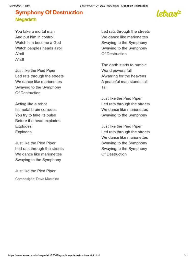 Symphony of Destruction - Megadeth (Impressão) | PDF