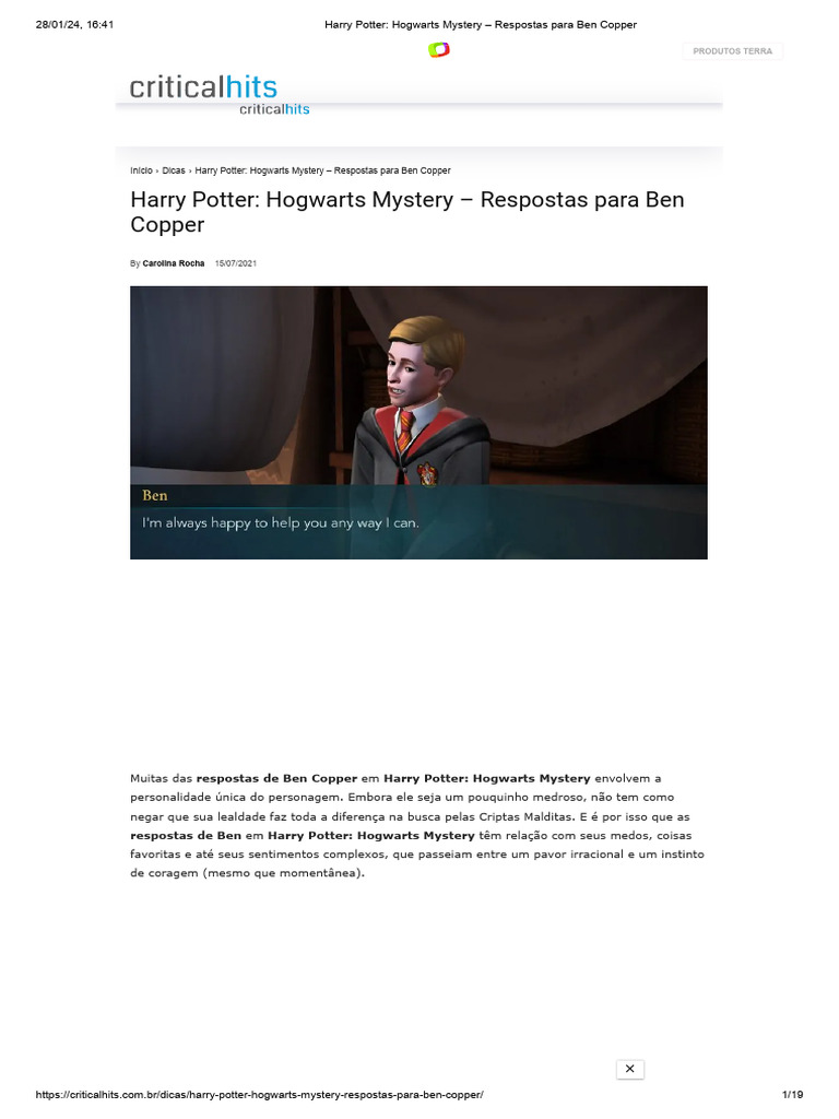 Harry Potter - Hogwarts Mystery - Respostas para Ben Copper | PDF