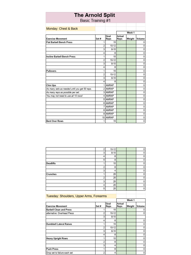 Arnold Split Workout Routine Spreadsheet (Basic Training Program 1 ...