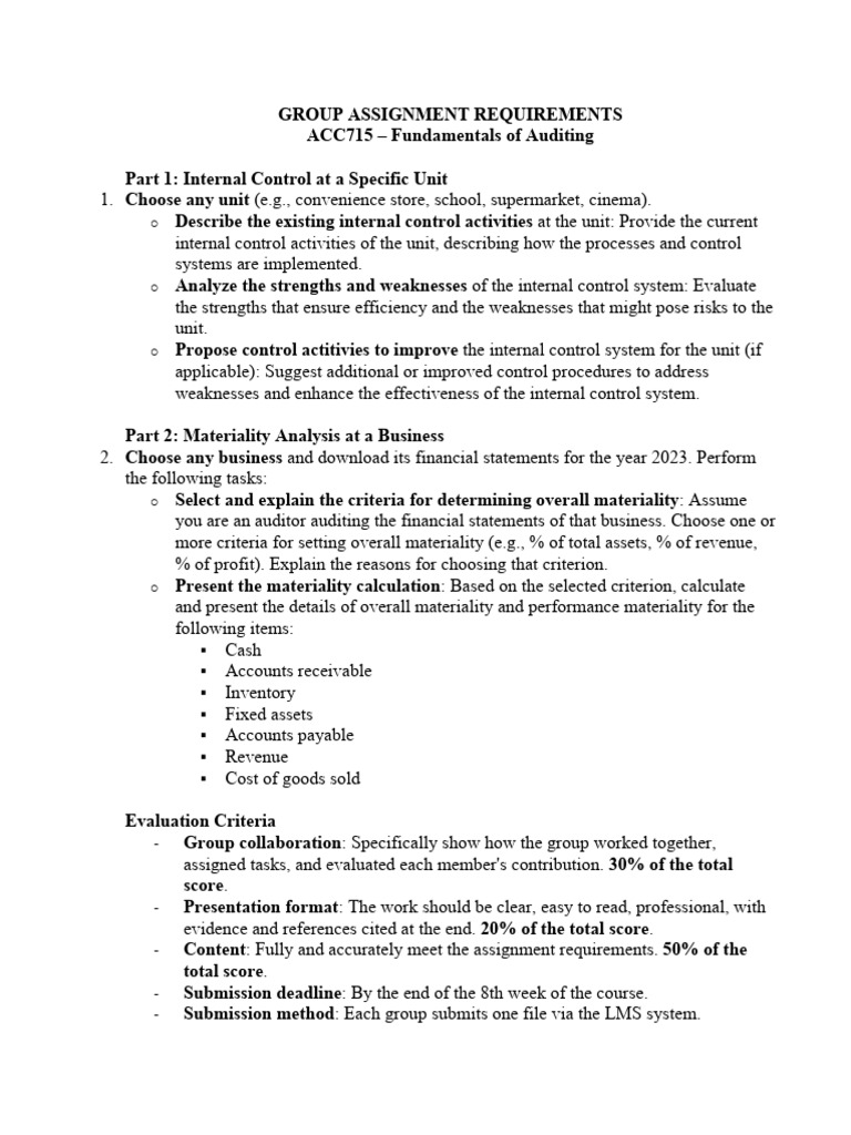 Group Assignment - ACC 715 Fundamentals of Auditing 2024 | PDF