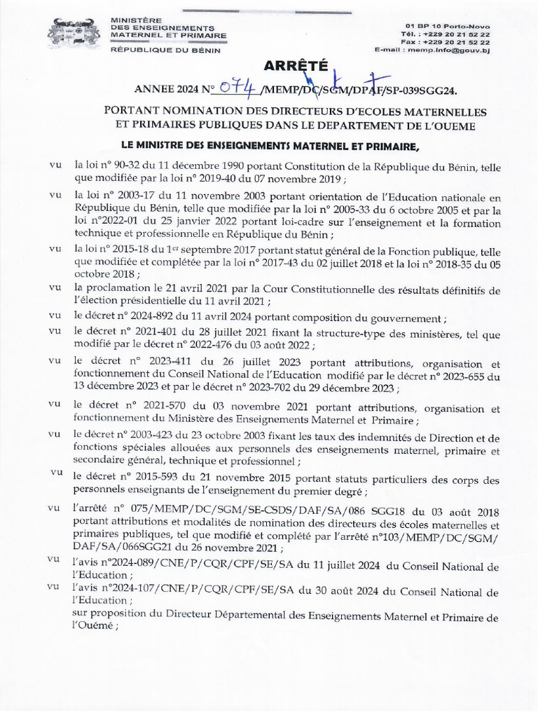 Arrêté Nomination 2024 OUEME | PDF