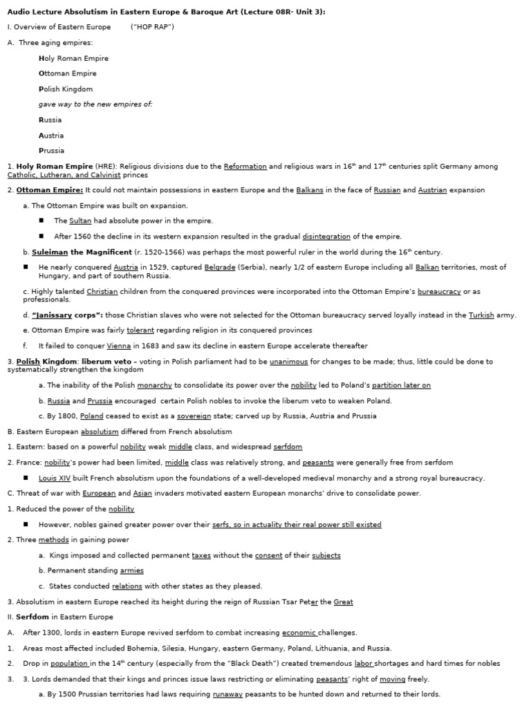 Unit 3word Doc GN For Audio Lecture 09R - Absolutism in Eastern Europe ...