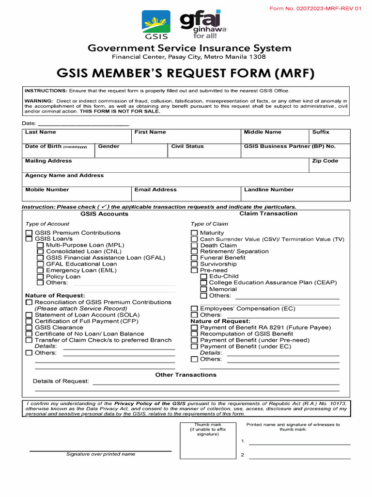 20230315-GSIS Members Request Form Fillable | PDF