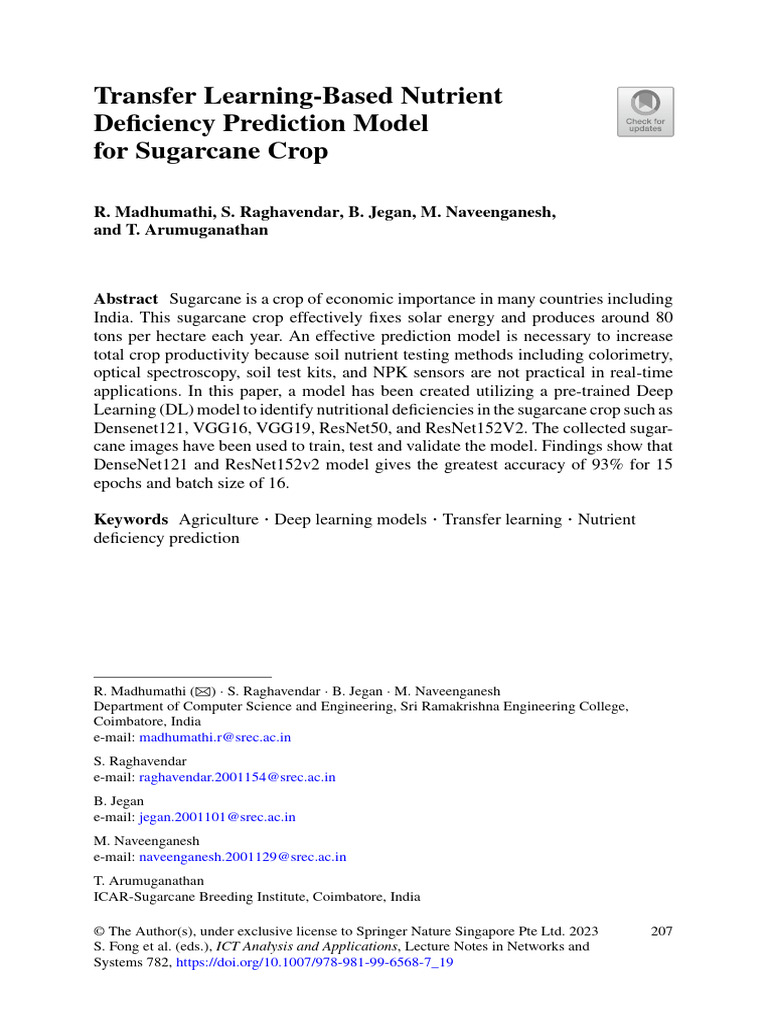 Transfer Learning-Based Nutrient Deficiency Prediction Model for Sugarcane Crop | PDF