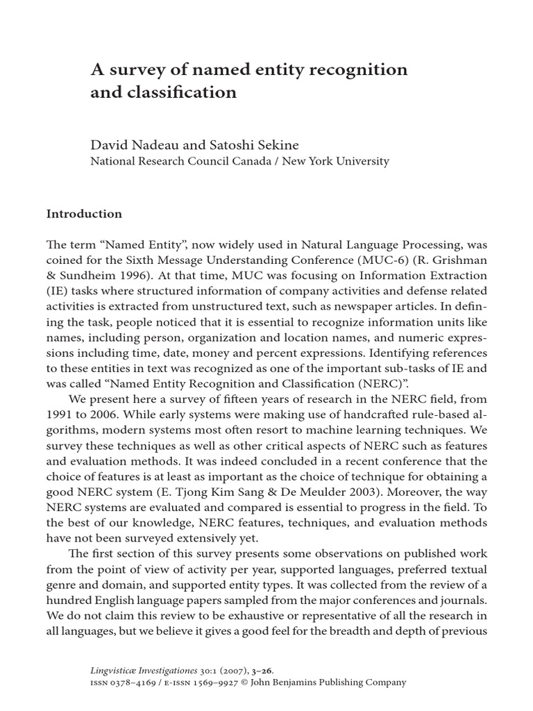 A Survey of Named Entity Recognition and Classification 2007 | PDF