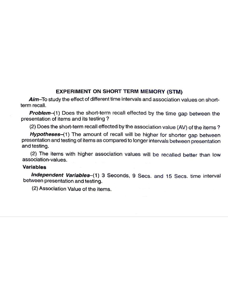 Short Term Memory Experiment | PDF