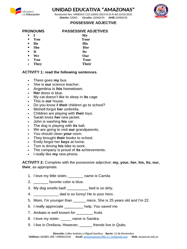 Taller 1 Possessive Adjectives | PDF