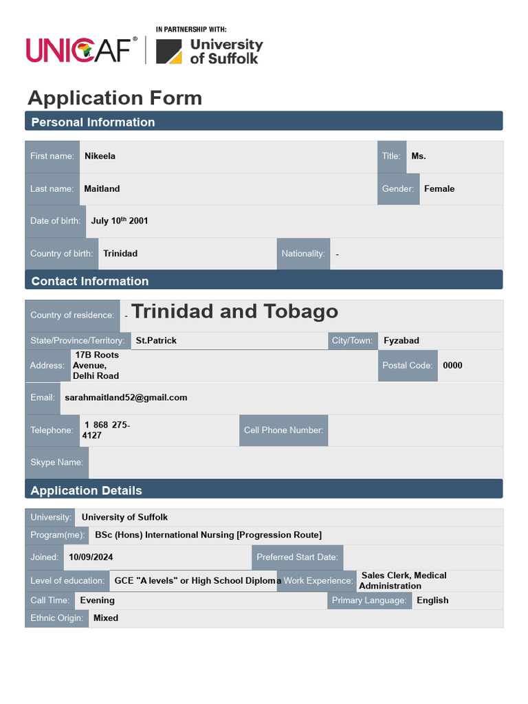 Unicaf Registration Form | PDF