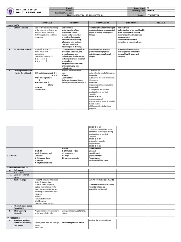 DLL - Mapeh 6 - Q1 - W5-1 | PDF