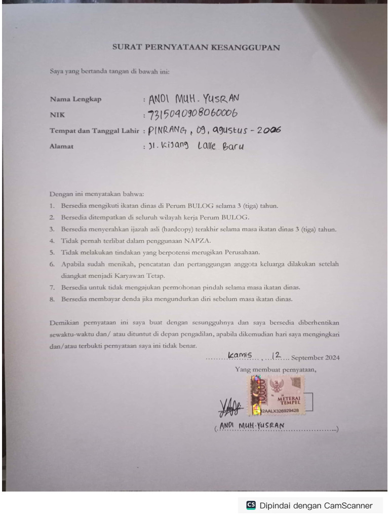 Surat Pernyataan Kesanggupan Andi Muh. Yusran | PDF