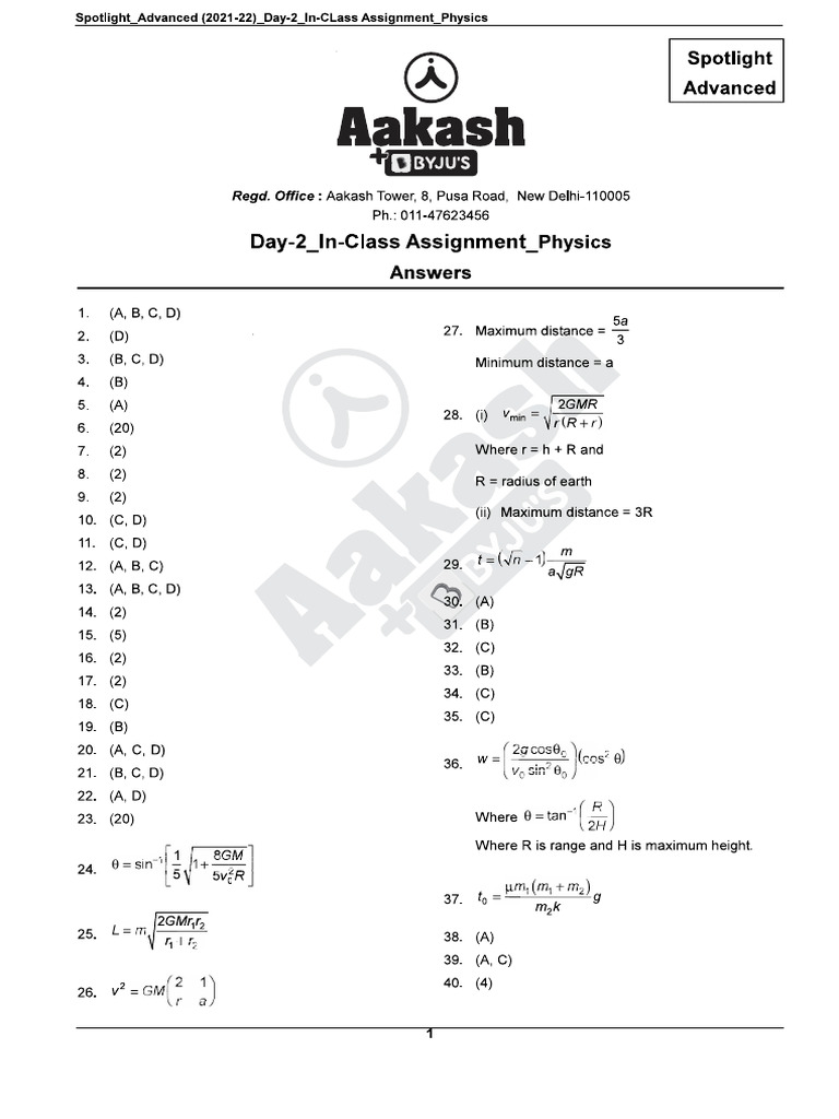 Day-2 - Assignment - Physics - (Answer Key) | PDF