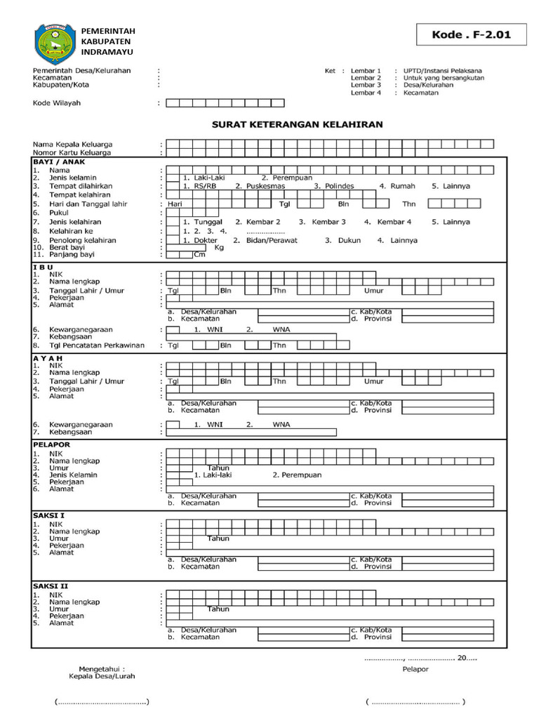 F-2.01 Formulir Akta Kelahiran | PDF