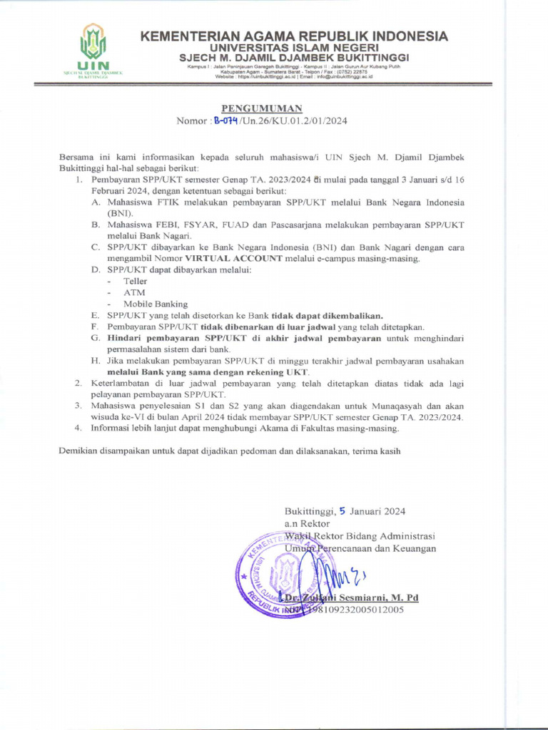 B 074 Surat Pengumuman Pembayaran SPP Atau UKT Mahasiswa Semester Genap 2023 2024 | PDF