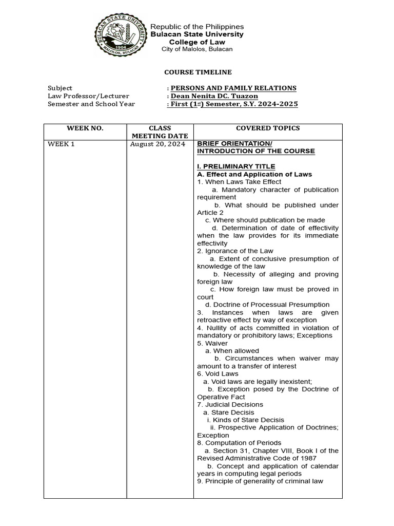 Course Timeline in PFR - Dean Tuazon JD 1A | PDF