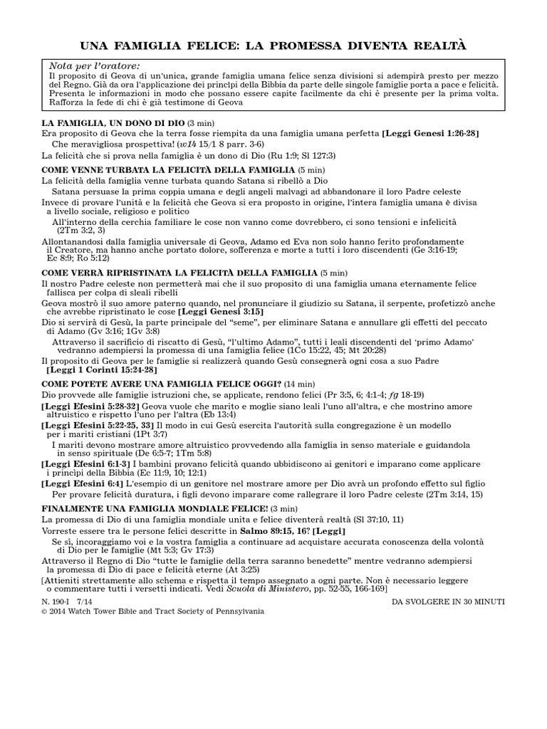 Una Famiglia Felice: La Promessa Diventa Realt A: Nota Per L'oratore | PDF