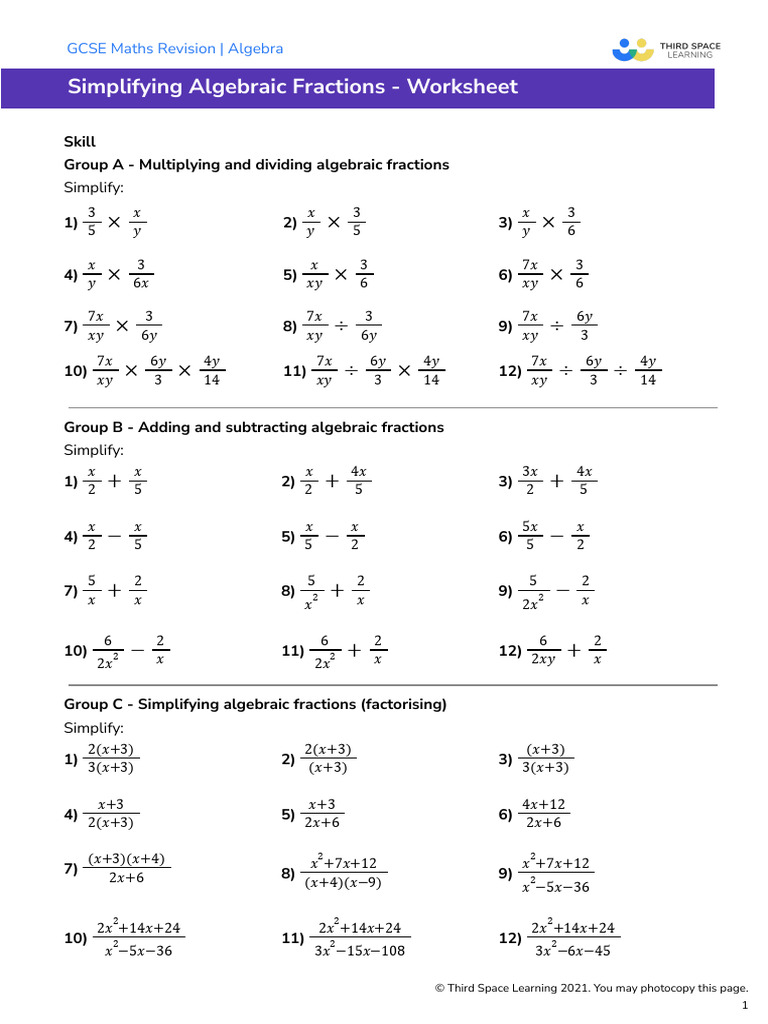 Simplifying Algebraic Fractions GCSE Worksheet | PDF