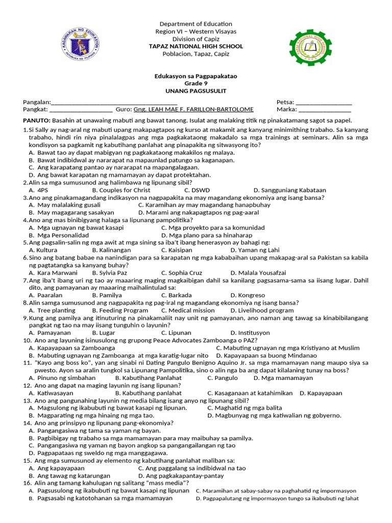 EsP 9 1st Grading Exam | PDF