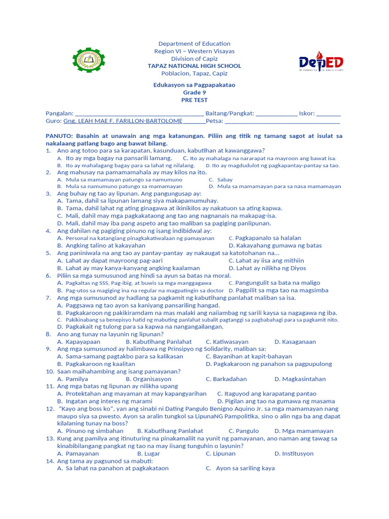 EsP09 Pre Test | PDF