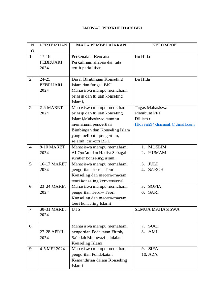 Jadwal Perkuliahan Bki | PDF
