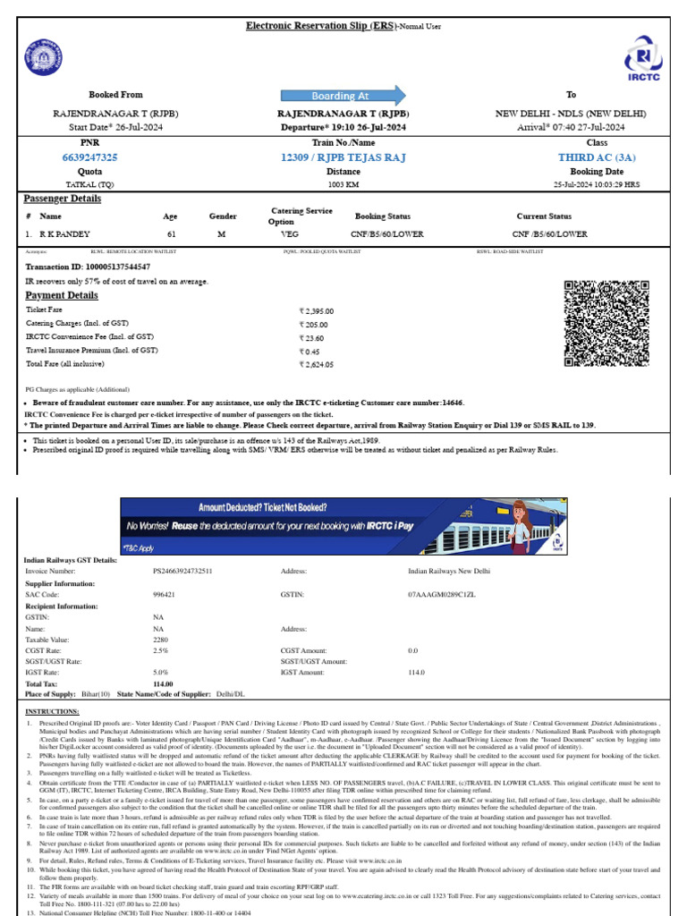 RJPB Tejas Raj Third Ac (3A) : Electronic Reservation Slip (ERS) | PDF