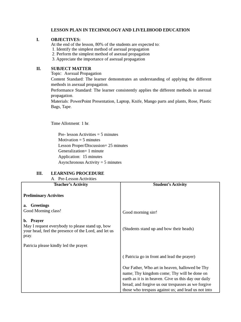 Detailed Lesson Plan Asexual Propagation | PDF