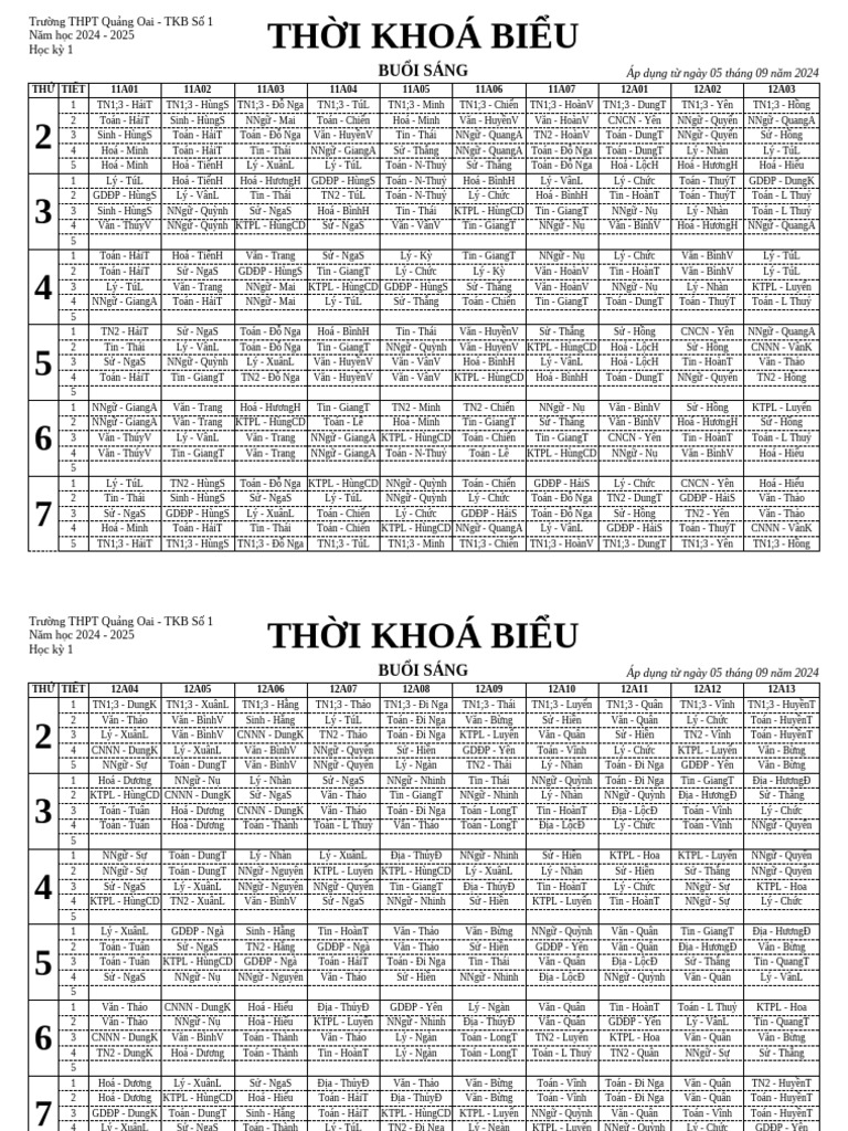 TKB HS sáng Số 1 | PDF