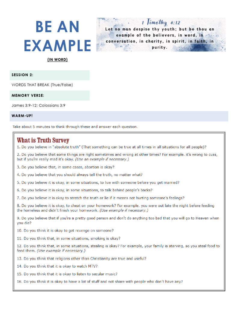 BE AN EXAMPLE (Truth or Lie) | PDF | Bible Content | Old Testament Books