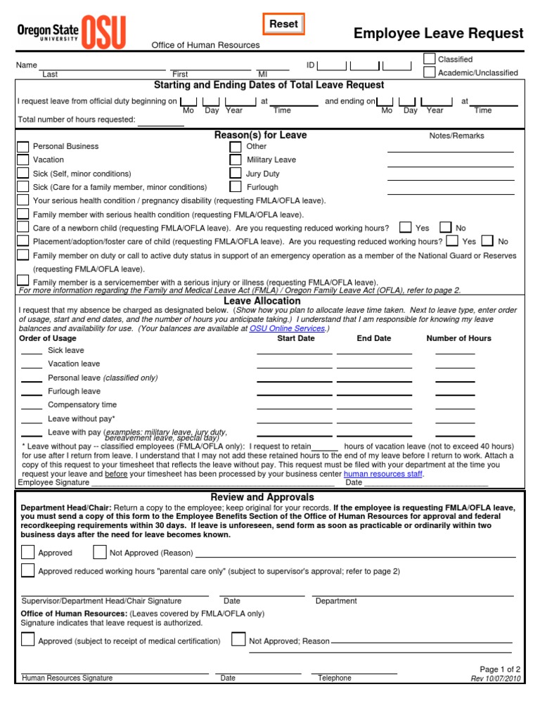 Oregon State University Employee Leave Request Form for Classified ...