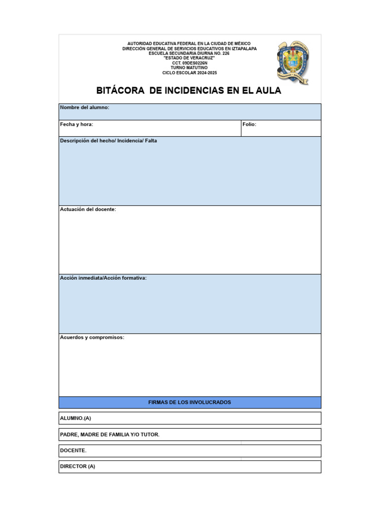 BITÁCORA DE INCIDENCIAS DE AULA - Hoja 1 | PDF