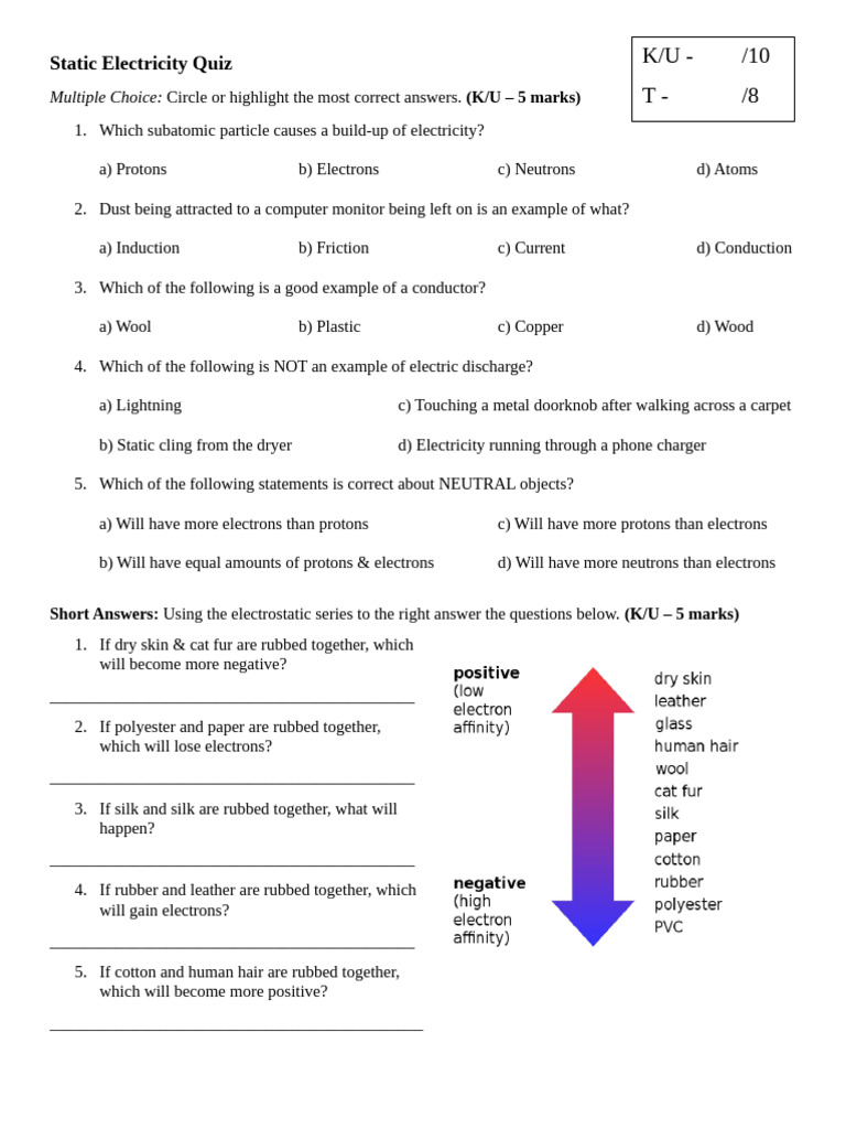 Static Electricity Quiz and Answers | PDF | Electron | Teaching Methods ...