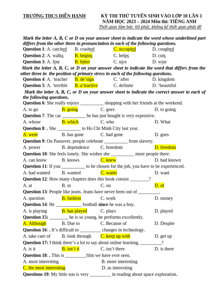 Đề Thi Thử Lớp 10-Môn Tiếng Anh | PDF