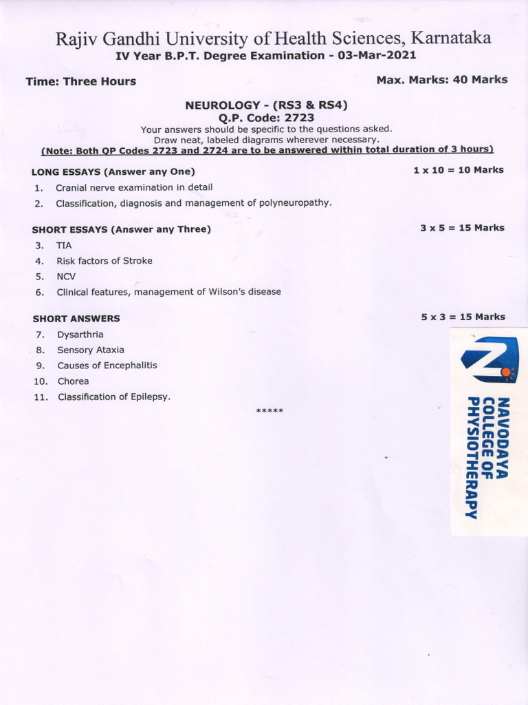 RGUHS 4th BPT March 2021 QP | PDF