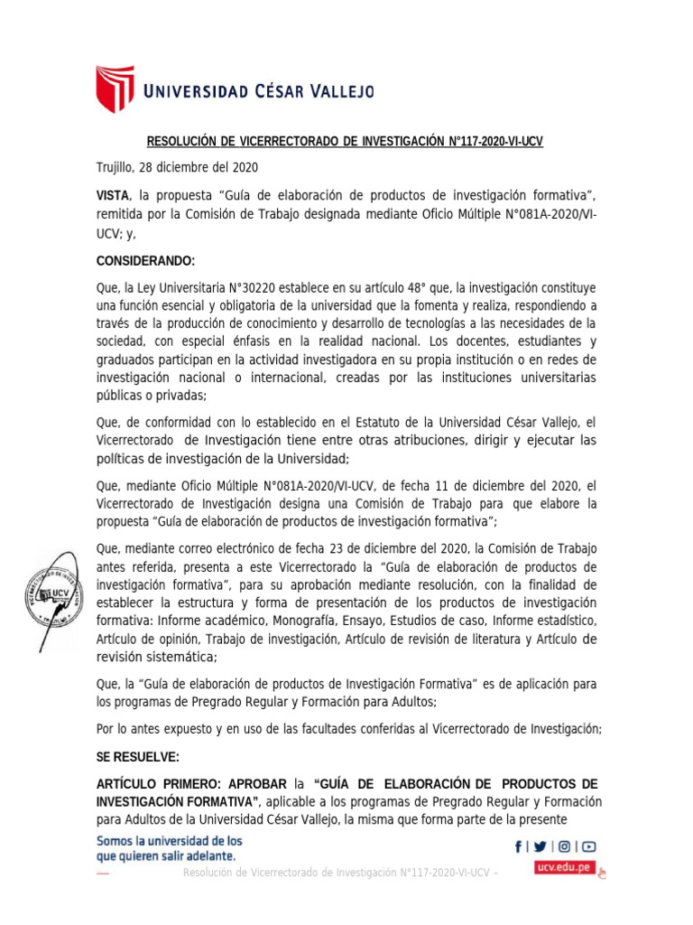 RVI N°117-2020-VI-UCV Aprueba Guía de Elaboración Productos de IF | PDF