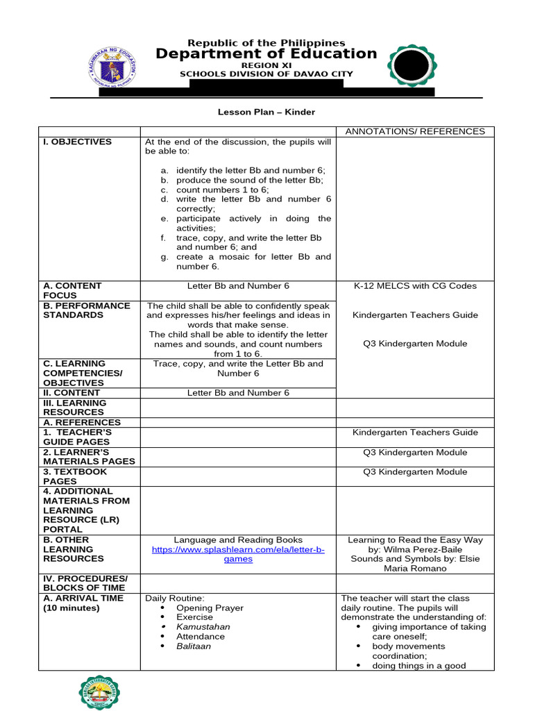 Kinder Lesson Plan: Letter Bb & Number 6 | PDF | Teachers | Vocabulary