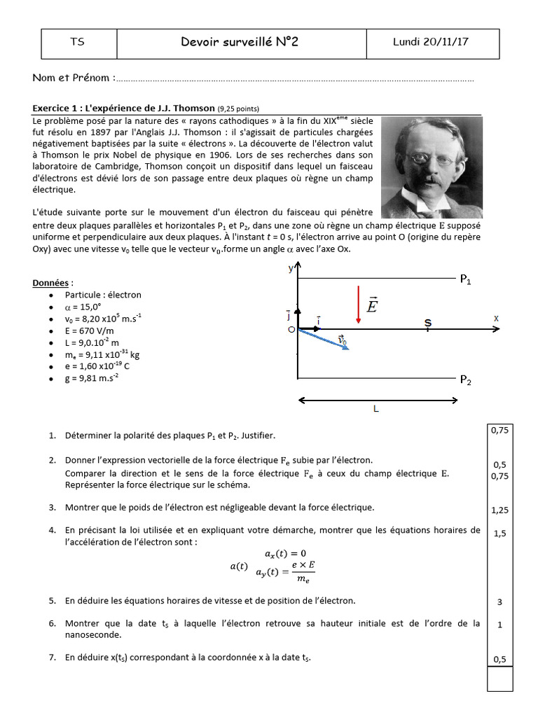 Devoir Surveillé N°2: Exercice 1: L'expérience de J.J. Thomson | PDF