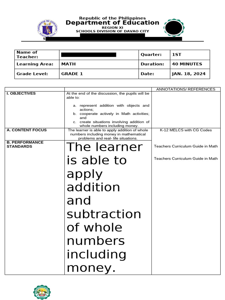Math Lesson Plan by A Public School Teacher | PDF | Vocabulary | Teachers