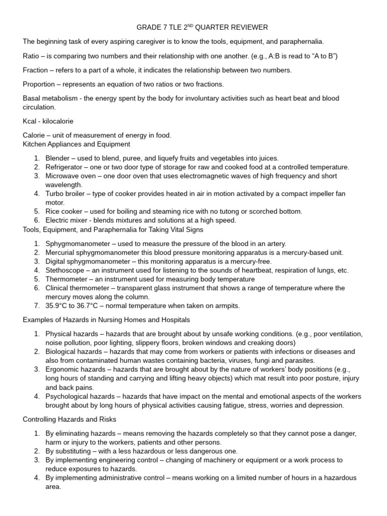 Grade 7 Tle 2ND Quarter Reviewer | PDF | Hazards | Wellness