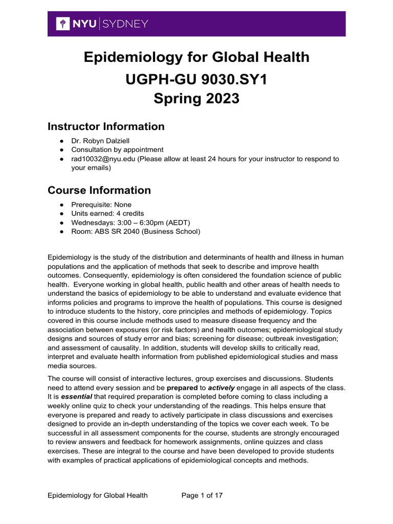 Epidemiology Course for Global Health | PDF | Epidemiology | Cognition