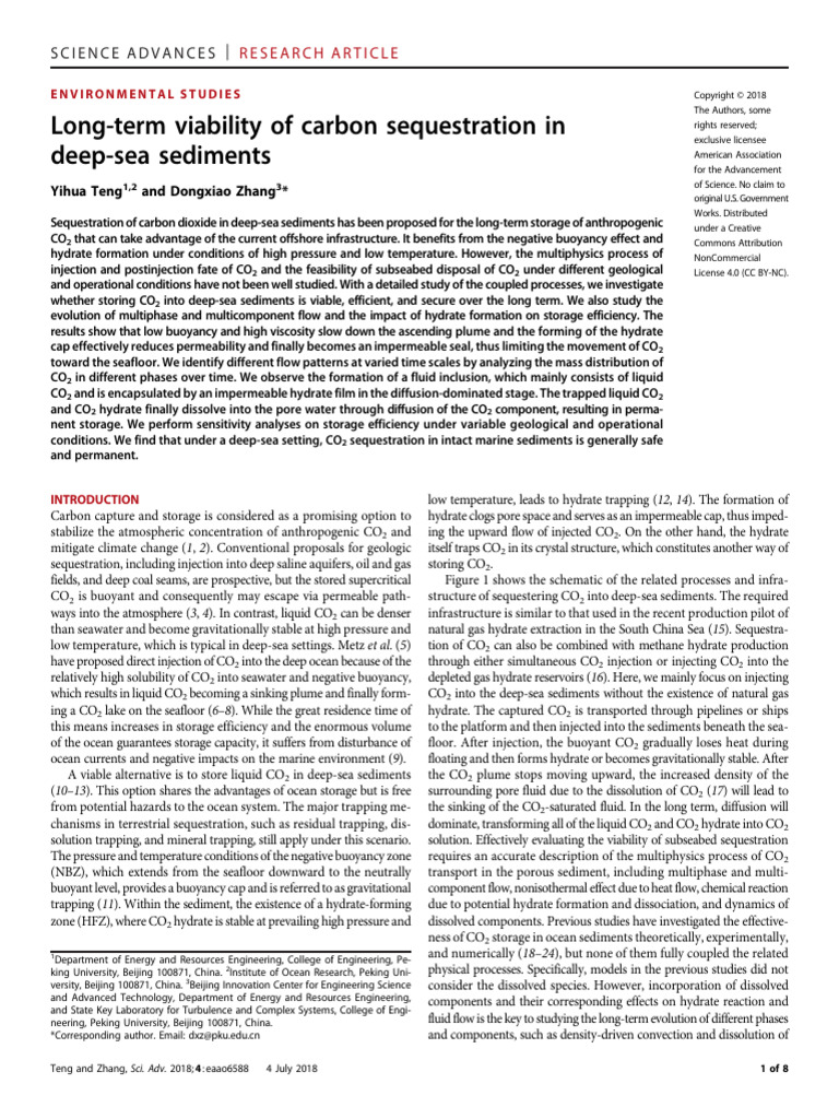 Long Term Viability Of Carbon Sequestration Indeep Sea Sediments Yihua