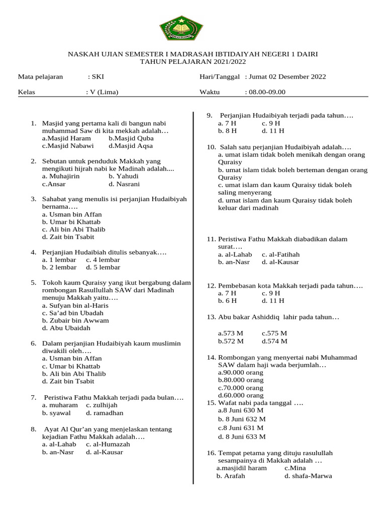 Naskah Ujian Semester I Kelas 5 Ski | PDF