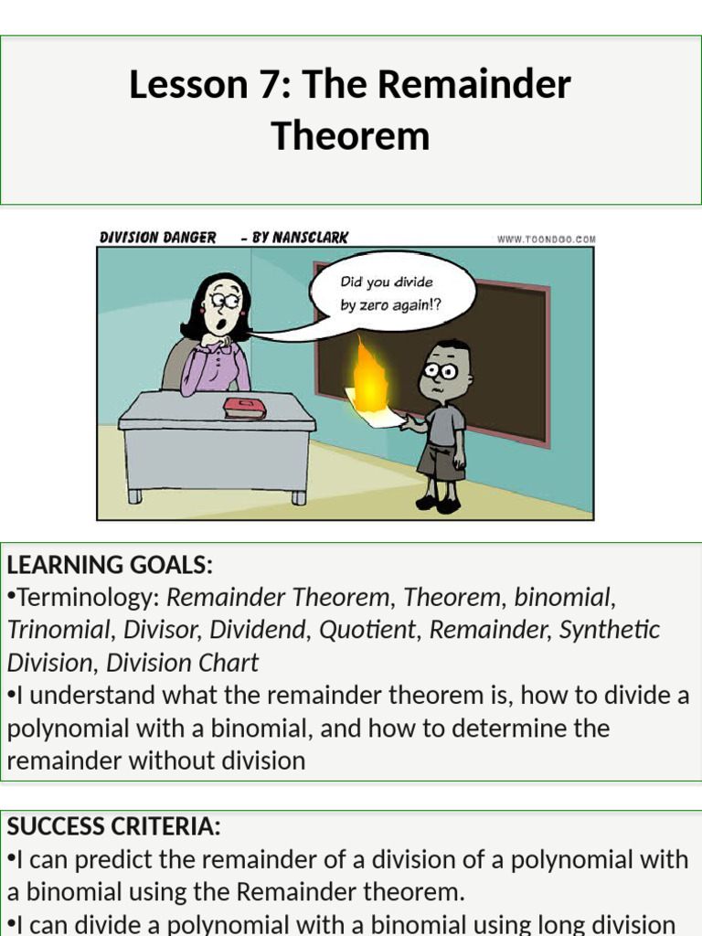 Lesson 7 The Remainder Theorem | PDF | Division (Mathematics ...
