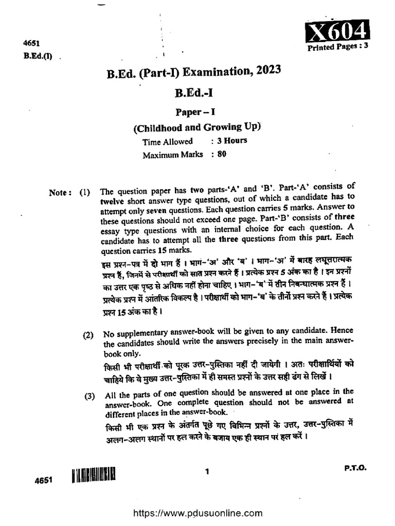 B Ed Part 1 Childhood and Growing Up 4651 2023 | PDF