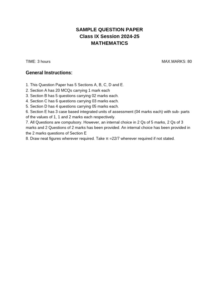 Sample Paper Class IX 2024-25 | PDF