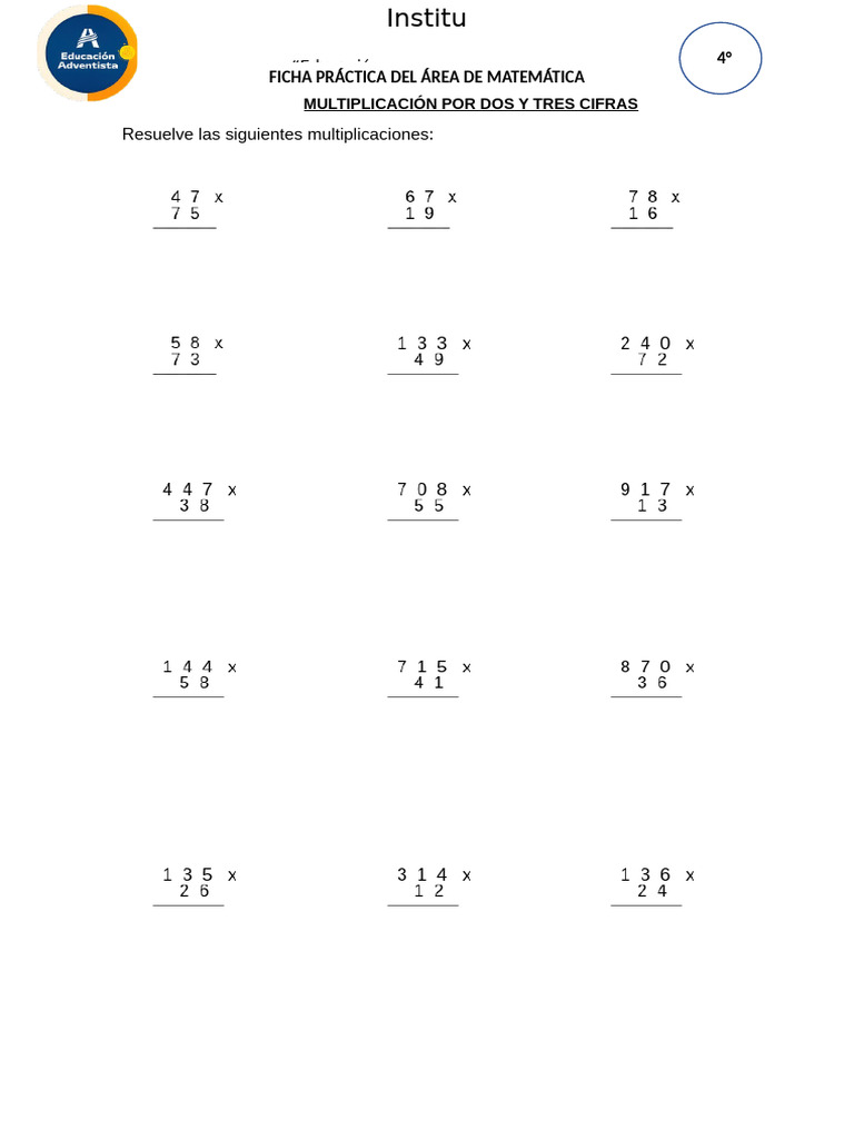 Ficha de Multiplicación 2 y 3 Cifras | PDF