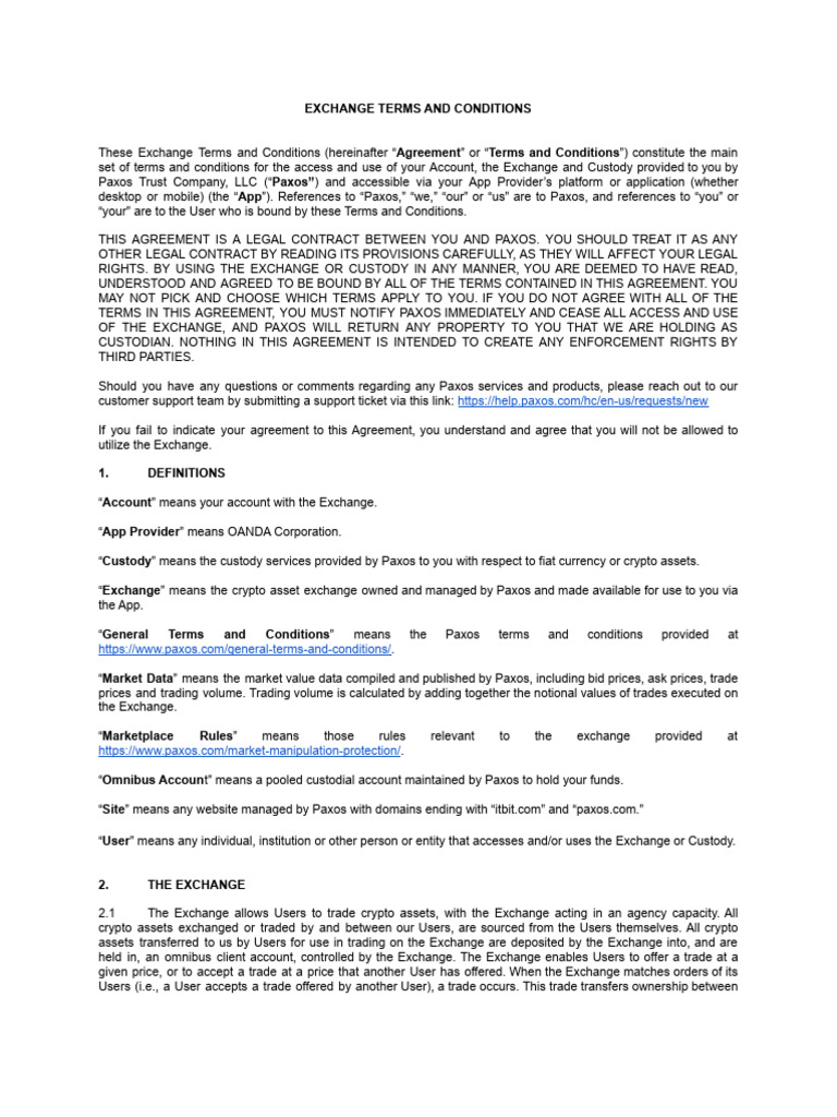 Paxos Exchange Terms and Conditions | PDF | Arbitration | Market Maker