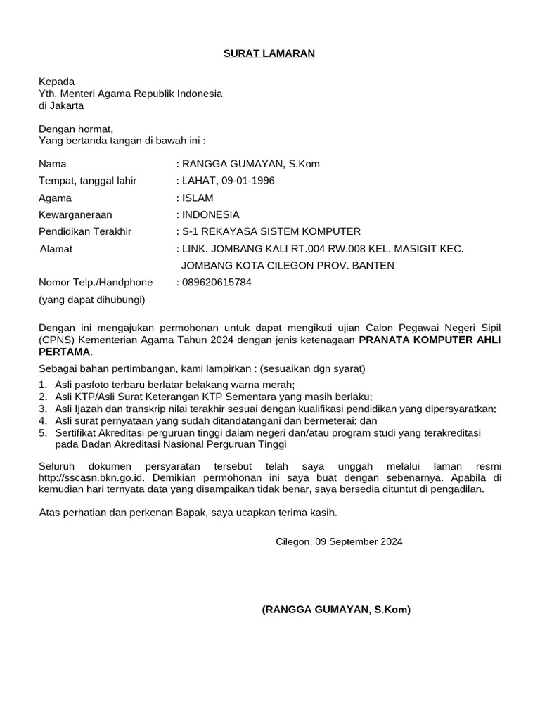 Contoh Surat Lamaran Dan Surat Pernyataan Cpns Kemenag 2024 | PDF